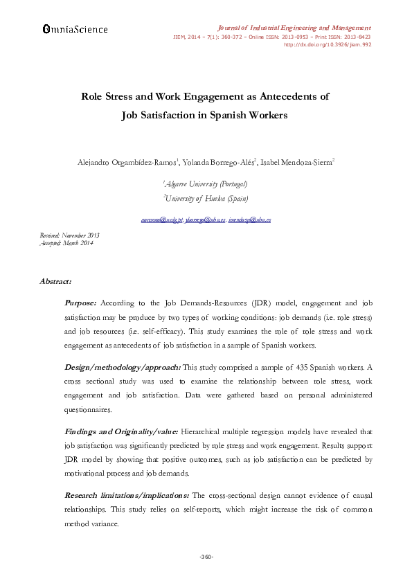 (PDF) Role stress and work engagement as antecedents of job ...