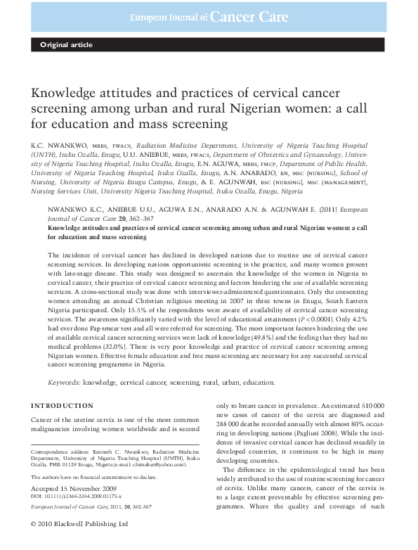 (PDF) Knowledge attitudes and practices of cervical cancer screening among urban and rural ...