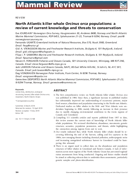 Pdf North Atlantic Killer Whale Orcinus Orca Populations A Review Of Current Knowledge And