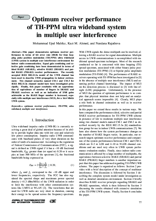(PDF) Optimum receiver performance of TH-PPM ultra wideband system in multiple user interference