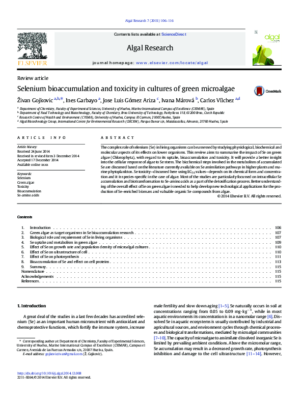 (PDF) Selenium bioaccumulation and toxicity in cultures of green microalgae