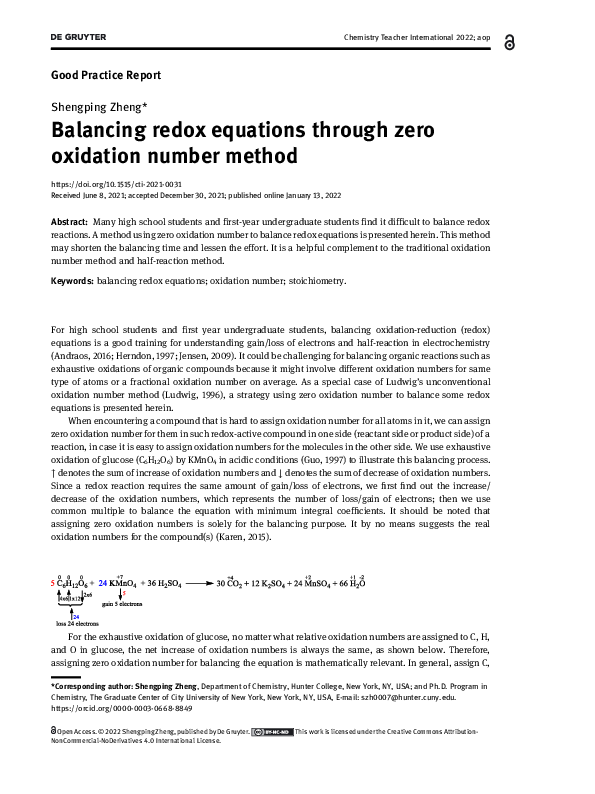 (PDF) Balancing redox equations through zero oxidation number method