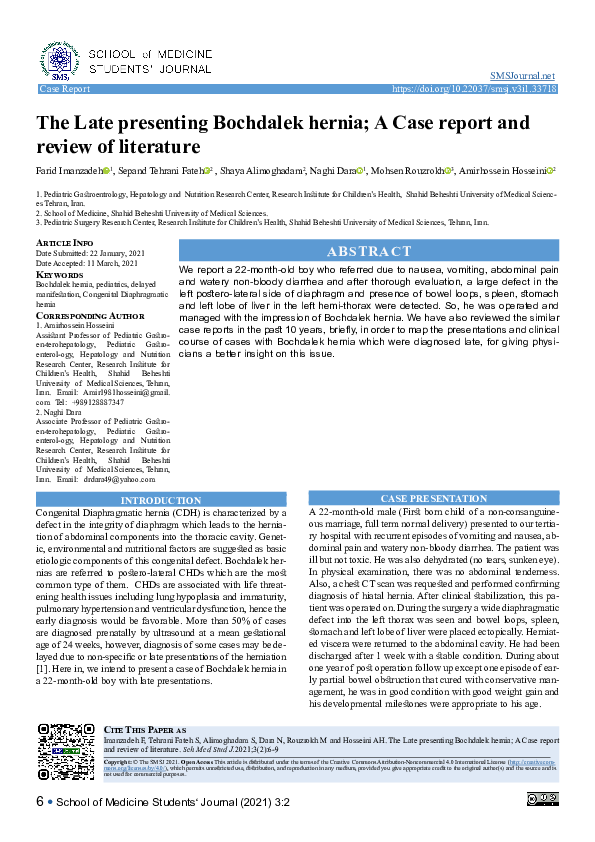 (PDF) The Late presenting Bochdalek hernia; A Case report and review of ...