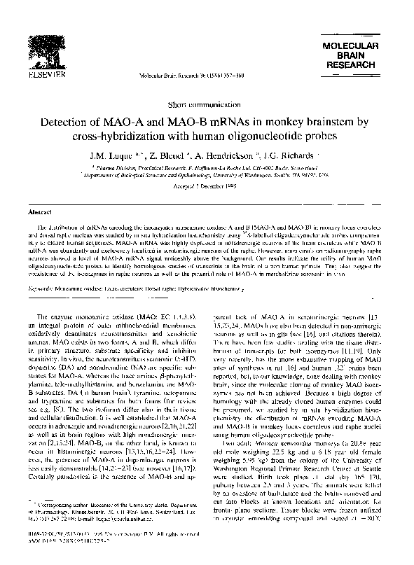 (PDF) Detection of MAO-A and MAO-B mRNAs in monkey brainstem by cross ...