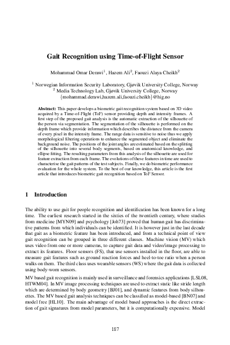(PDF) Gait recognition using time-of-flight sensor