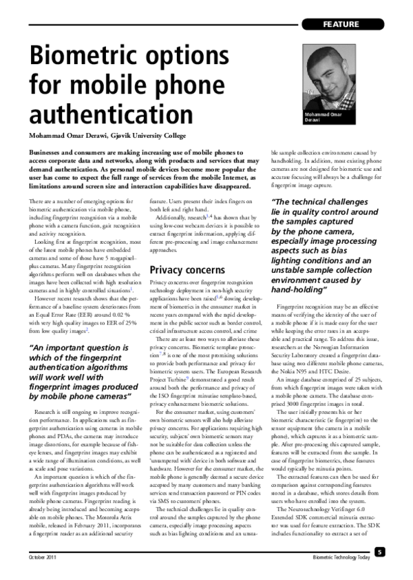 (PDF) Biometric options for mobile phone authentication