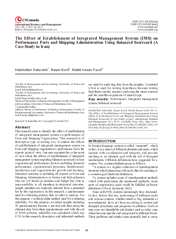 (PDF) The Effect of Establishment of Integrated Management System (IMS) on Performance Ports and ...