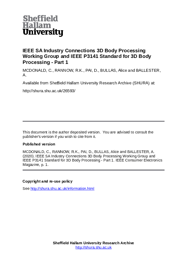 (PDF) IEEE SA Industry Connections 3D Body Processing Working Group and IEEE P3141 Standard for ...