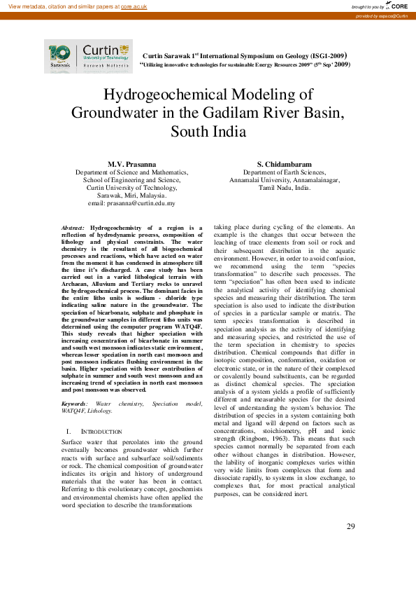 (PDF) Hydrogeochemical Modeling of Groundwater in the Gadilam River Basin, South India