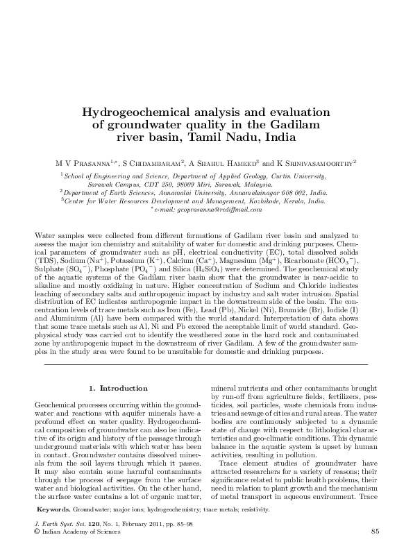 (PDF) Hydrogeochemical analysis and evaluation of groundwater quality in the Gadilam river basin ...