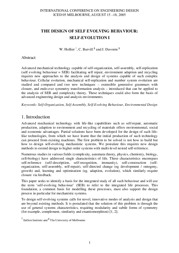 (PDF) The Design of Self Evolving Behaviour: Self-evolution I