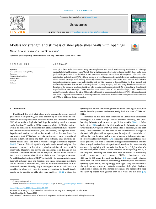 (PDF) Models for strength and stiffness of steel plate shear walls with ...