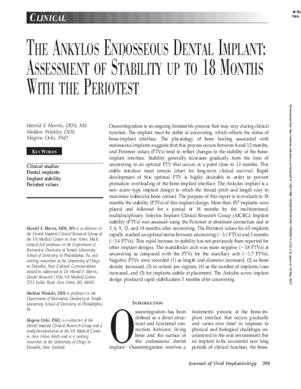 (PDF) The Ankylos Endosseous Dental Implant: Assessment of Stability up ...