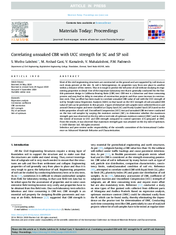 (PDF) Correlating unsoaked CBR with UCC strength for SC and SP soil
