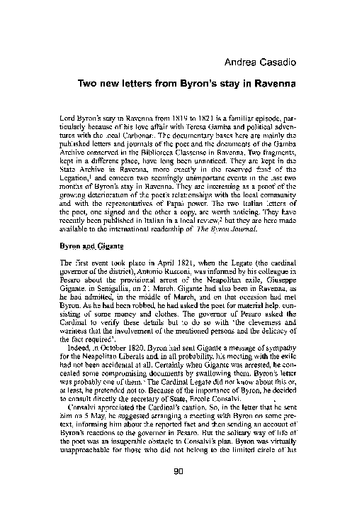 (PDF) Two new letters from Byron's stay in Ravenna