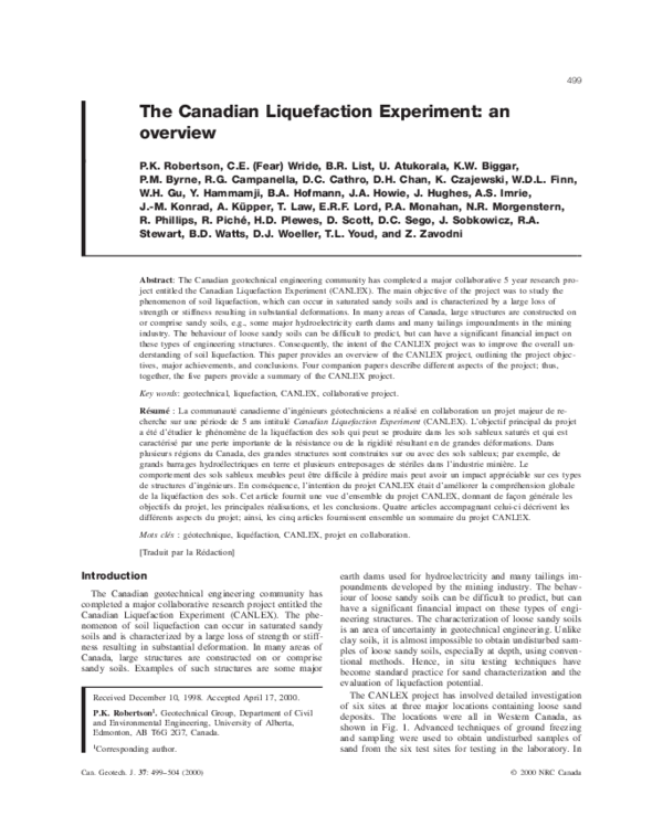 (PDF) The Canadian Liquefaction Experiment: an overview