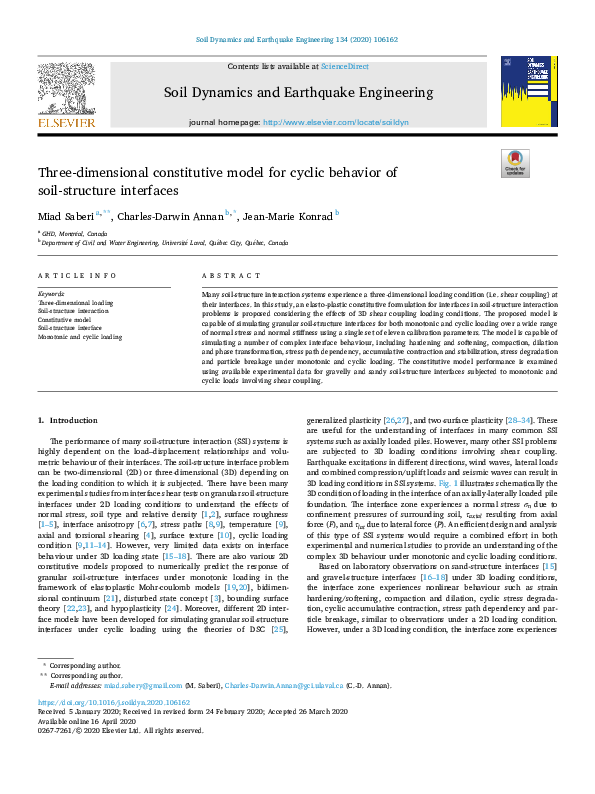 (PDF) Three-dimensional constitutive model for cyclic behavior of soil-structure interfaces