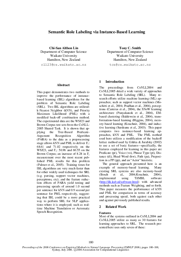 (PDF) Semantic role labeling via instance-based learning | Tony Smith - Academia.edu