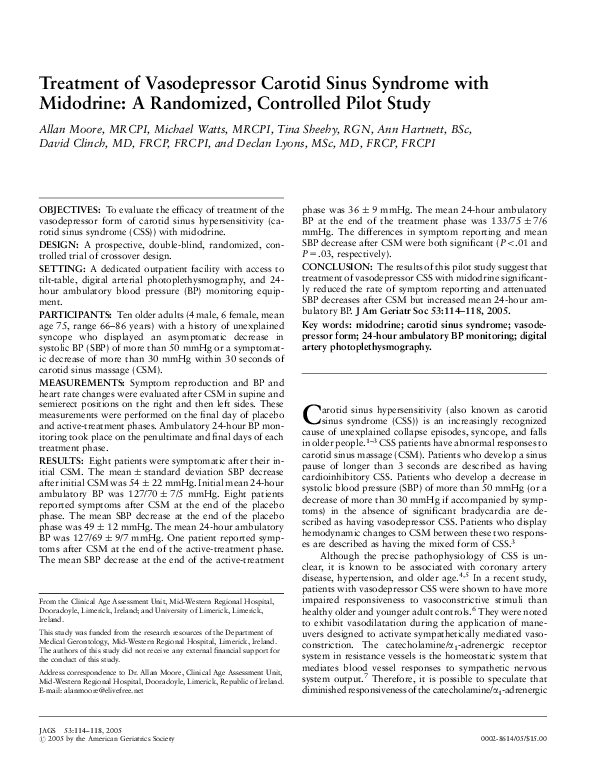 (PDF) Treatment of Vasodepressor Carotid Sinus Syndrome with Midodrine: A Randomized, Controlled ...
