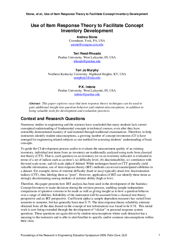 (PDF) Use of Item Response Theory to Facilitate Concept Inventory ...