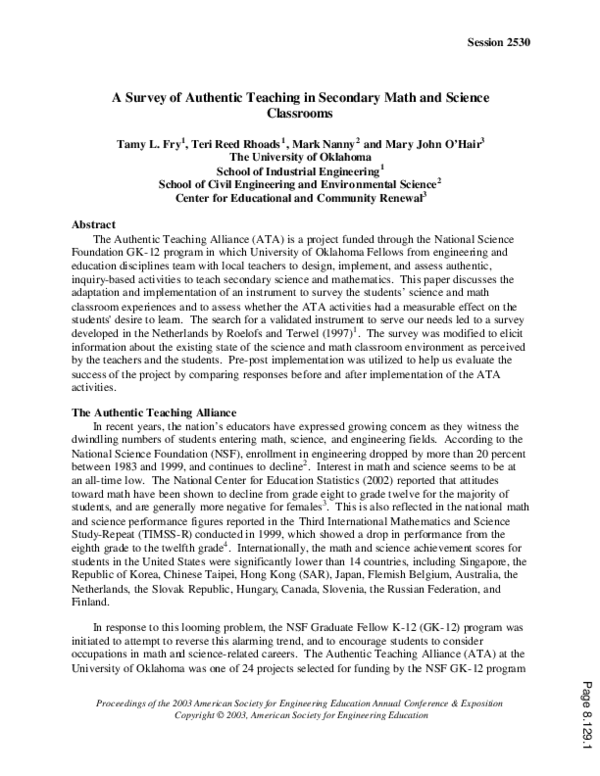 (PDF) A Survey Of Authentic Teaching In Secondary Math And Science ...