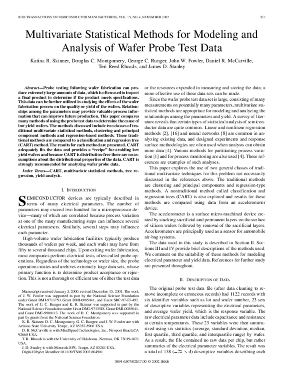 Pdf Multivariate Statistical Methods For Modeling And Analysis Of Wafer Probe Test Data Teri