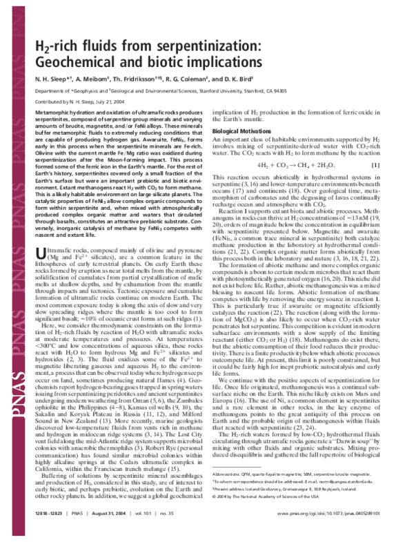 (PDF) H 2 -rich fluids from serpentinization: Geochemical and biotic implications