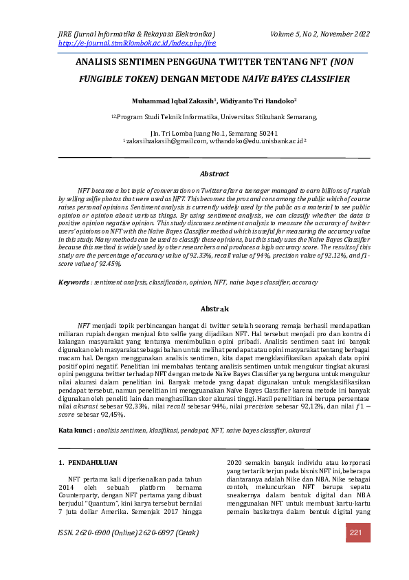 (PDF) Analisis Sentimen Pengguna Twitter Tentang NFT (Non Fungible Token) Dengan Metode Naive ...