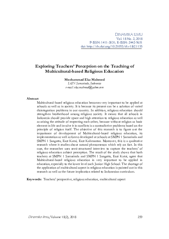 (PDF) Exploring Teachers’ Perception on the Teaching of Multicultural-based Religious Education