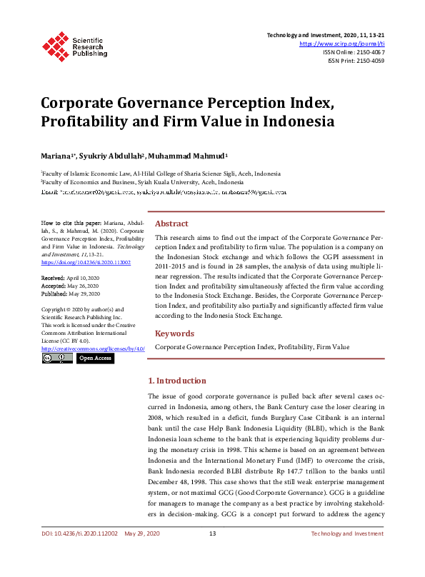 (PDF) Corporate Governance Perception Index, Profitability and Firm Value in Indonesia