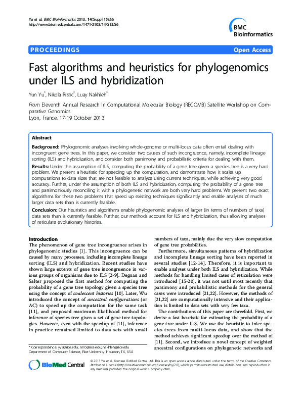 (PDF) Fast algorithms and heuristics for phylogenomics under ILS and hybridization