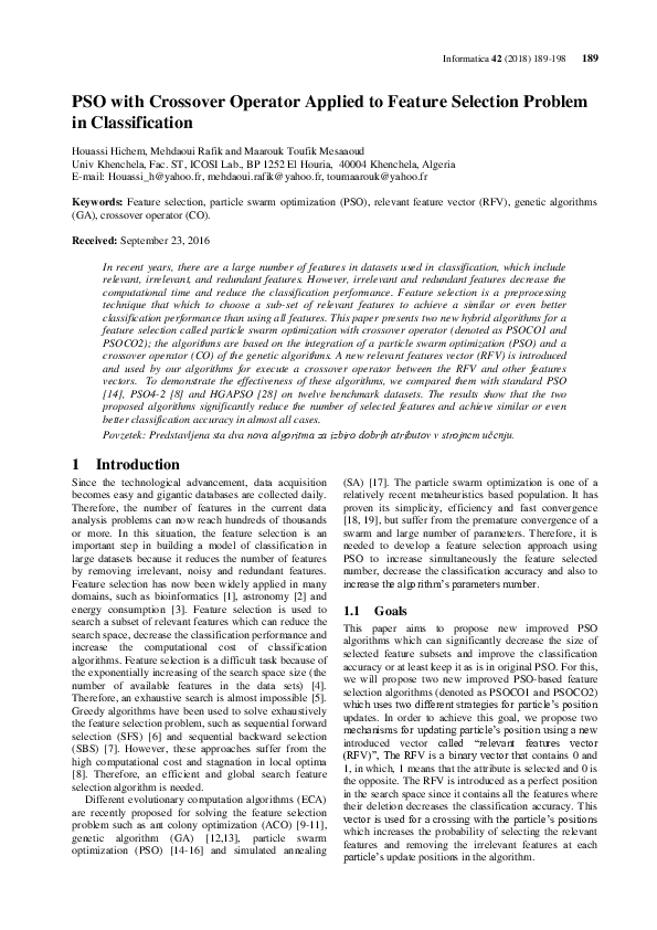 (PDF) PSO with crossover operator applied to feature selection problem in classification