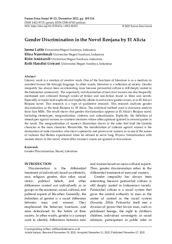 (PDF) Gender Discrimination in the Novel Renjana by El Alicia