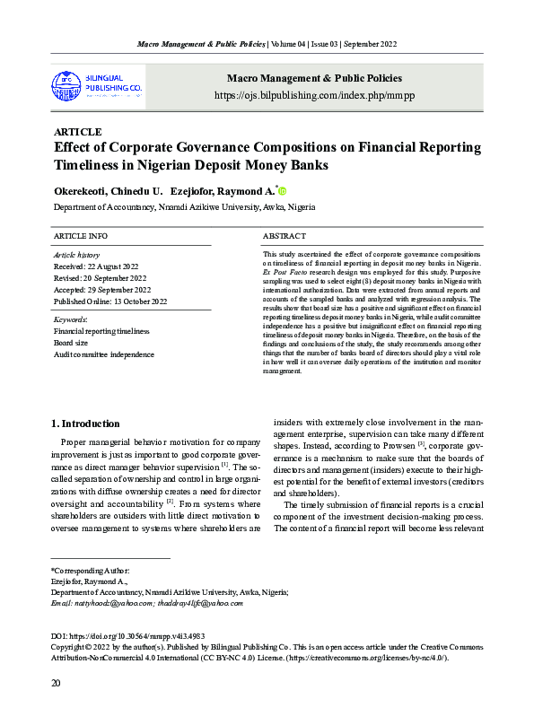 (PDF) Effect of Corporate Governance Compositions on Financial Reporting Timeliness in Nigerian ...