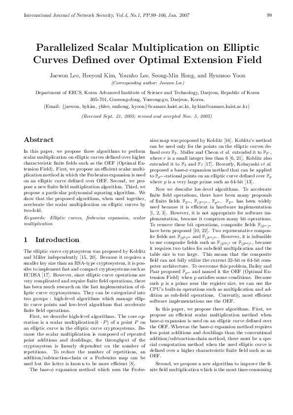 Pdf Parallelized Scalar Multiplication On Elliptic Curves Defined Over Optimal Extension Field