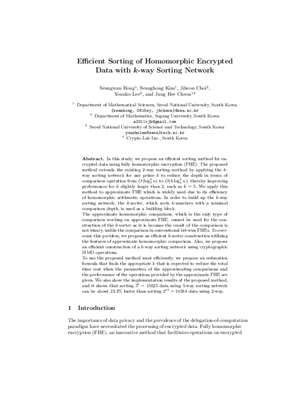 Pdf Efficient Sorting Of Homomorphic Encrypted Data With K Way Sorting Network