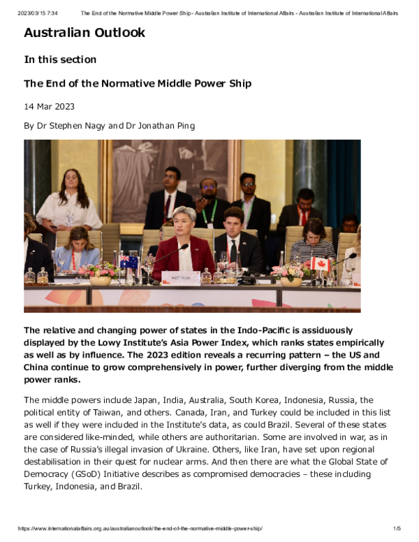(PDF) The End of the Normative Middle Power Ship | Stephen R Nagy and ...