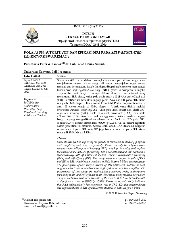 (PDF) Pola Asuh Autoritatif dan Efikasi Diri pada Self-Regulated ...