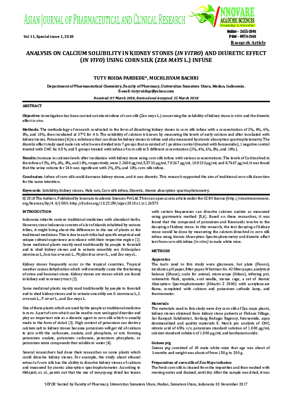 (PDF) Analysis on Calcium Solubility in Kidney Stones (In Vitro) and ...