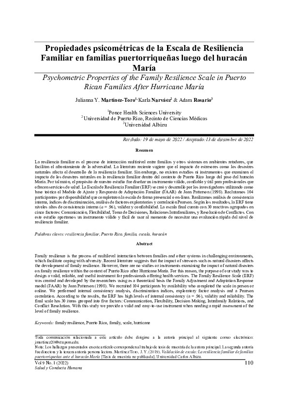 (PDF) Propiedades psicométricas de la Escala de Resiliencia Familiar en familias puertorriqueñas ...