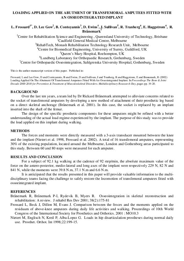(PDF) Loading applied on the abutment of transfemoral amputees fitted with an osseointegrated ...