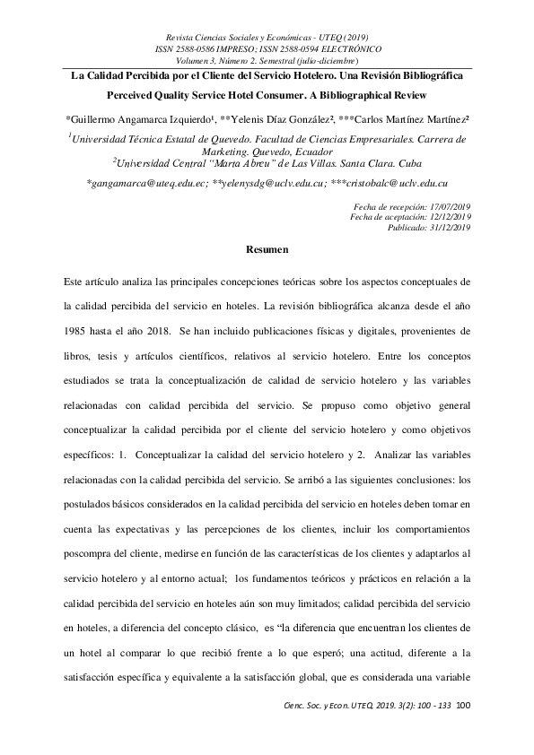 (PDF) La Calidad Percibida por el Cliente del Servicio Hotelero. Una ...