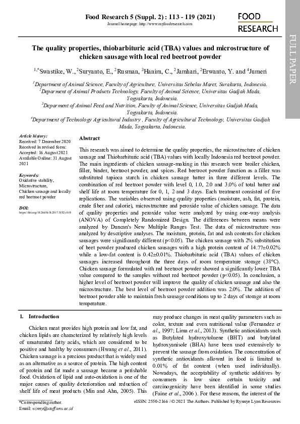 (PDF) The quality properties, thiobarbituric acid (TBA) values and ...