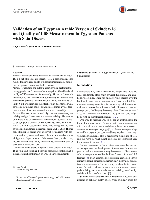 (PDF) Validation of an Egyptian Arabic Version of Skindex-16 and Quality of Life Measurement in ...