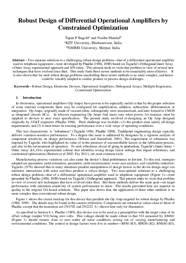 (PDF) Robust Design of Differential Operational Amplifiers by Constrained Optimization