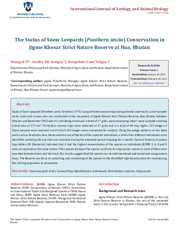 (PDF) The Status of Snow Leopards (Panthera uncia) Conservation in Jigme Khesar Strict Nature ...