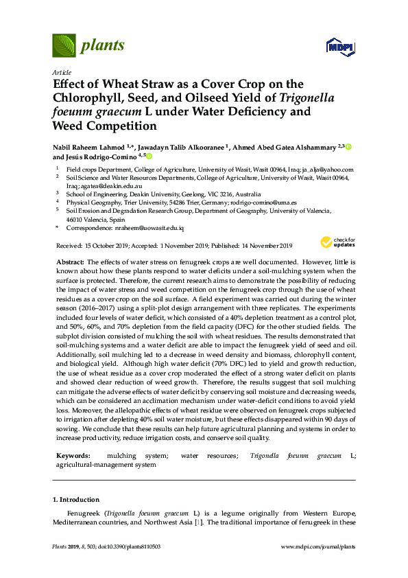 (PDF) Effect of Wheat Straw as a Cover Crop on the Chlorophyll, Seed ...