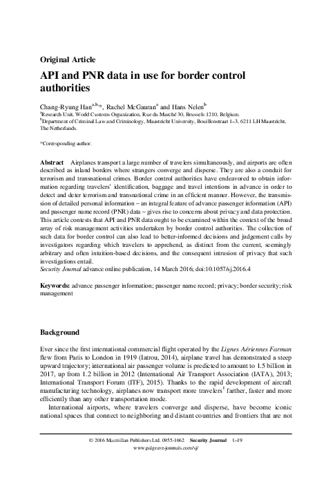 Pdf Api And Pnr Data In Use For Border Control Authorities