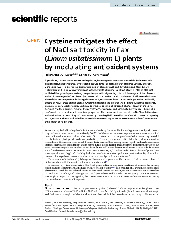 (PDF) Cysteine mitigates the effect of NaCl salt toxicity in flax ...