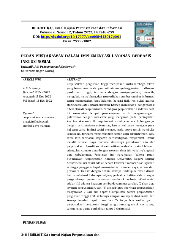 (PDF) Peran Pustakawan Dalam Implementasi Layanan Berbasis Inklusi Sosial